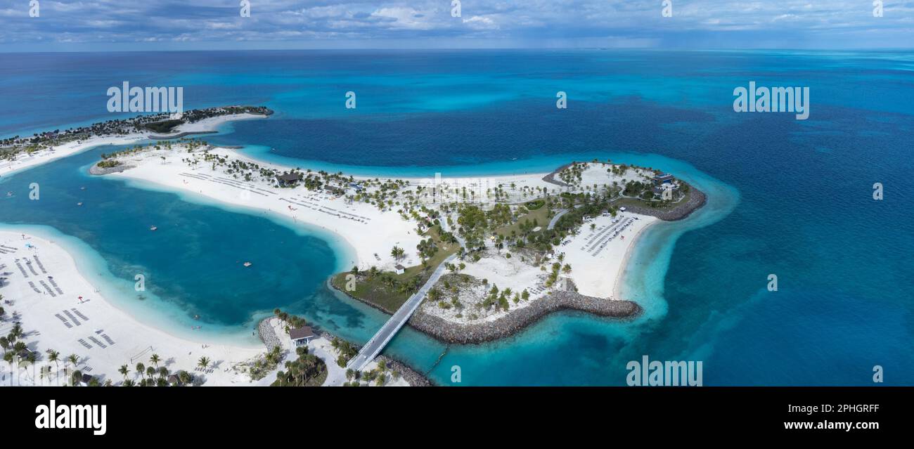 OCEAN CAY, BAHAMAS- JANUARY 9, 2023: An aerial view of white sandy ...