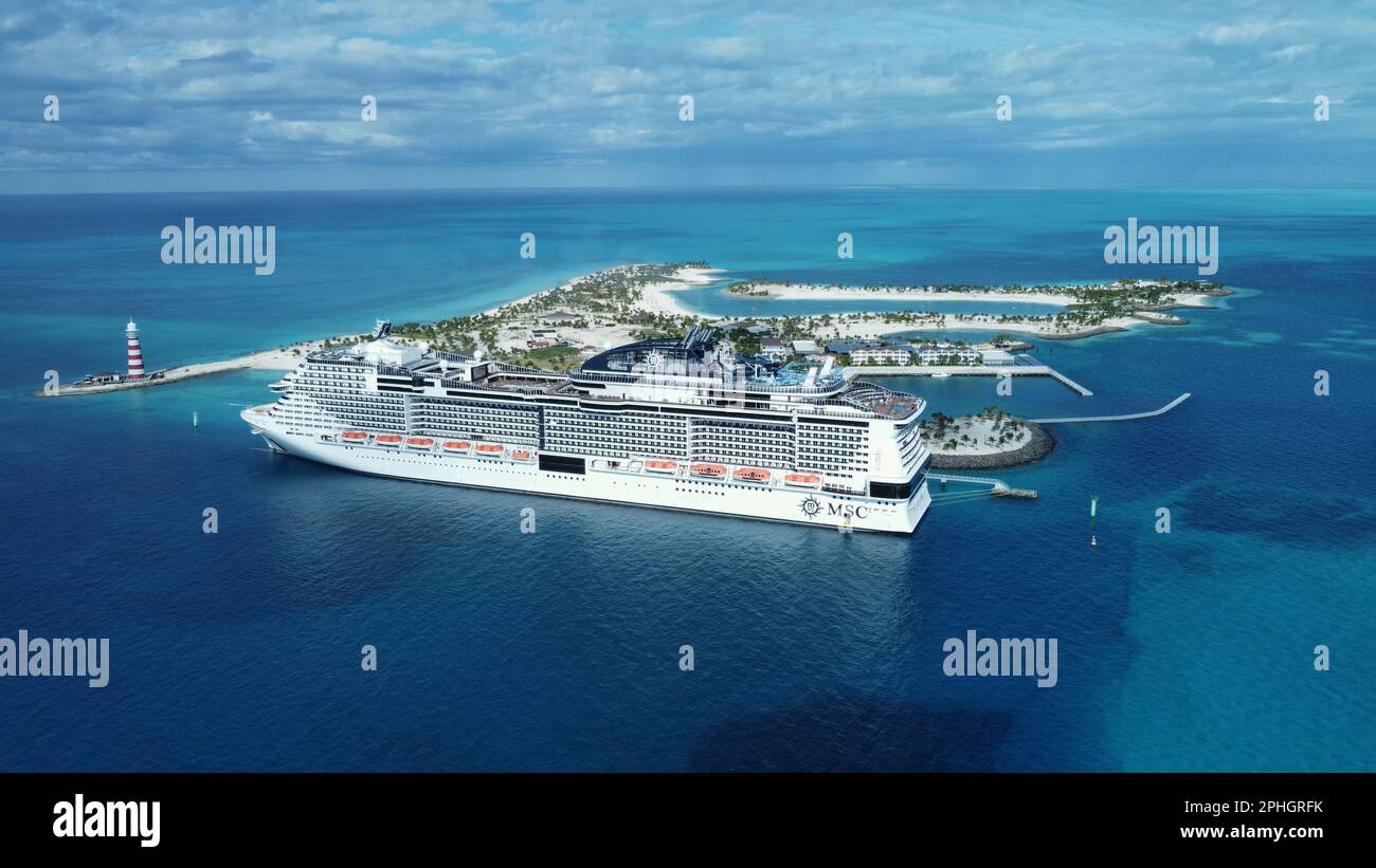 OCEAN CAY, BAHAMAS- JANUARY 9, 2023: An aerial view of the MSC ...