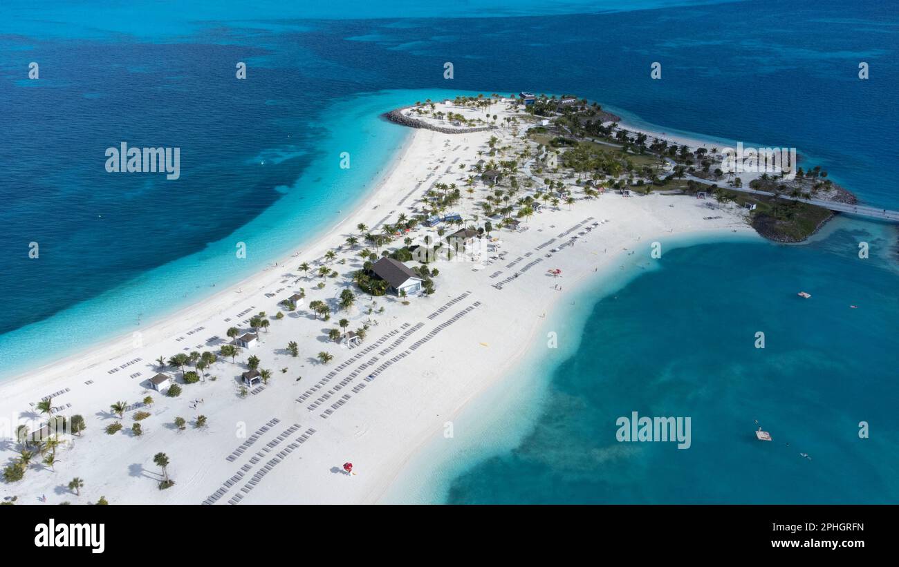 OCEAN CAY, BAHAMAS- JANUARY 9, 2023: An aerial view of white sandy ...