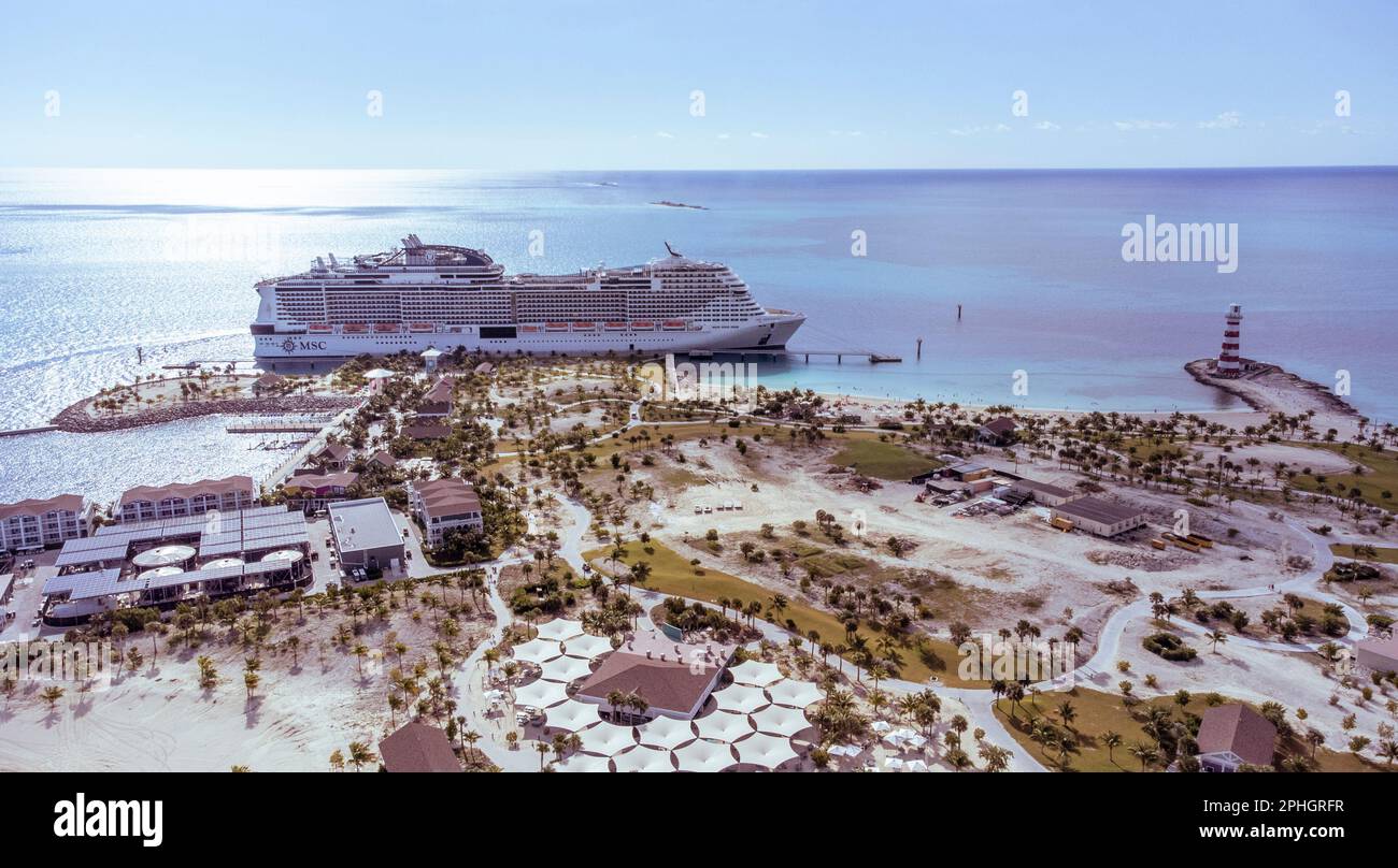 OCEAN CAY, BAHAMAS- JANUARY 9, 2023: An aerial view of the MSC ...