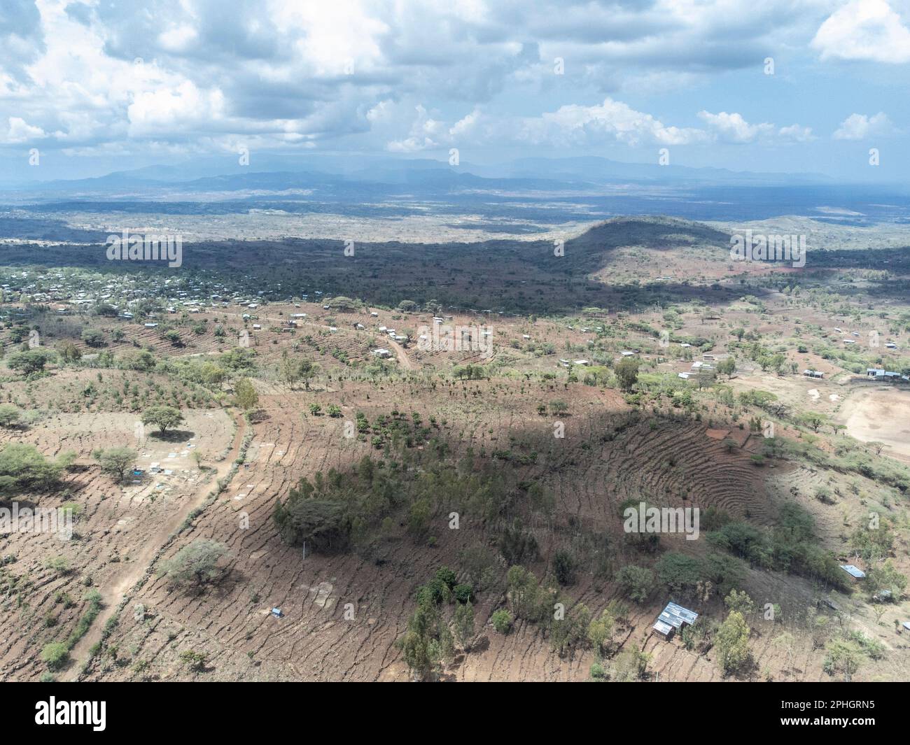Aerial view of the terraced fields around Konso, Ethiopia. Konso is a ...