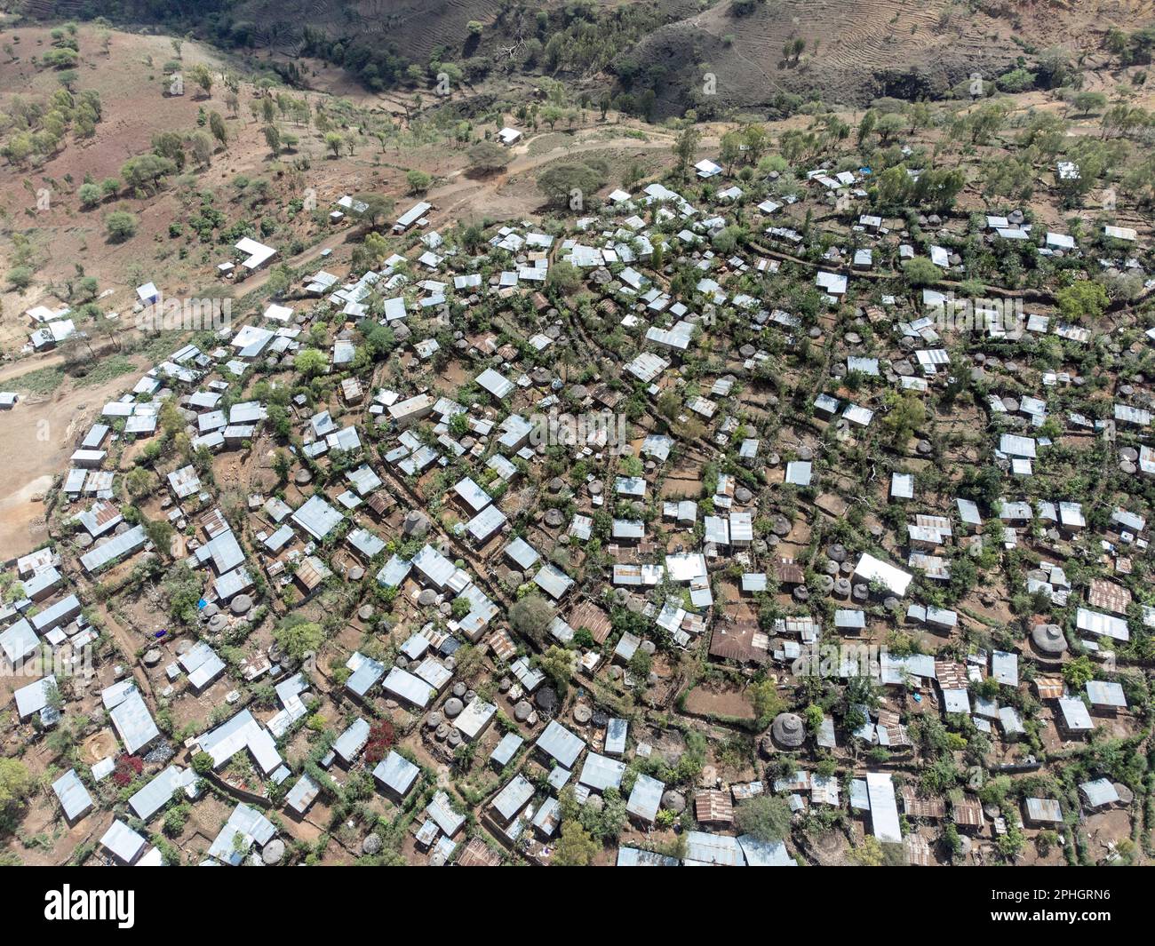 Aerial view of Konso, a city in southern Ethiopia and the center of the ...