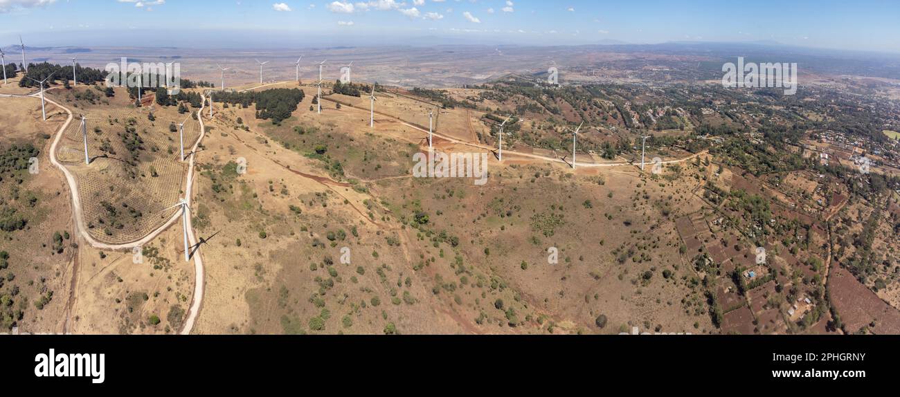 Panoramic aerial view of wind turbines or windmills in Kenya near ...