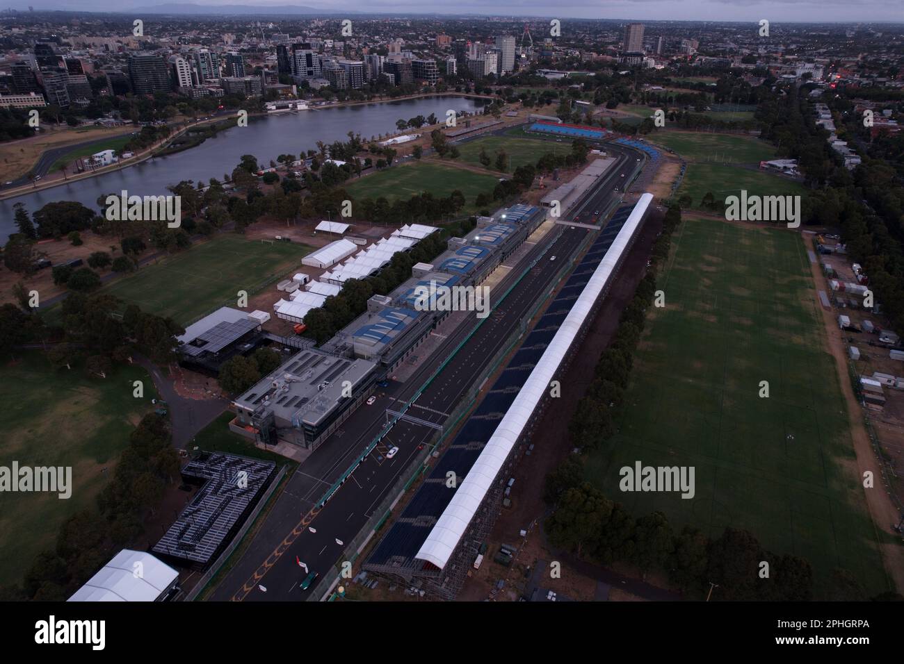 An aerial view of Melbourne F1 pit lane at Lake Albert Stock Photo - Alamy