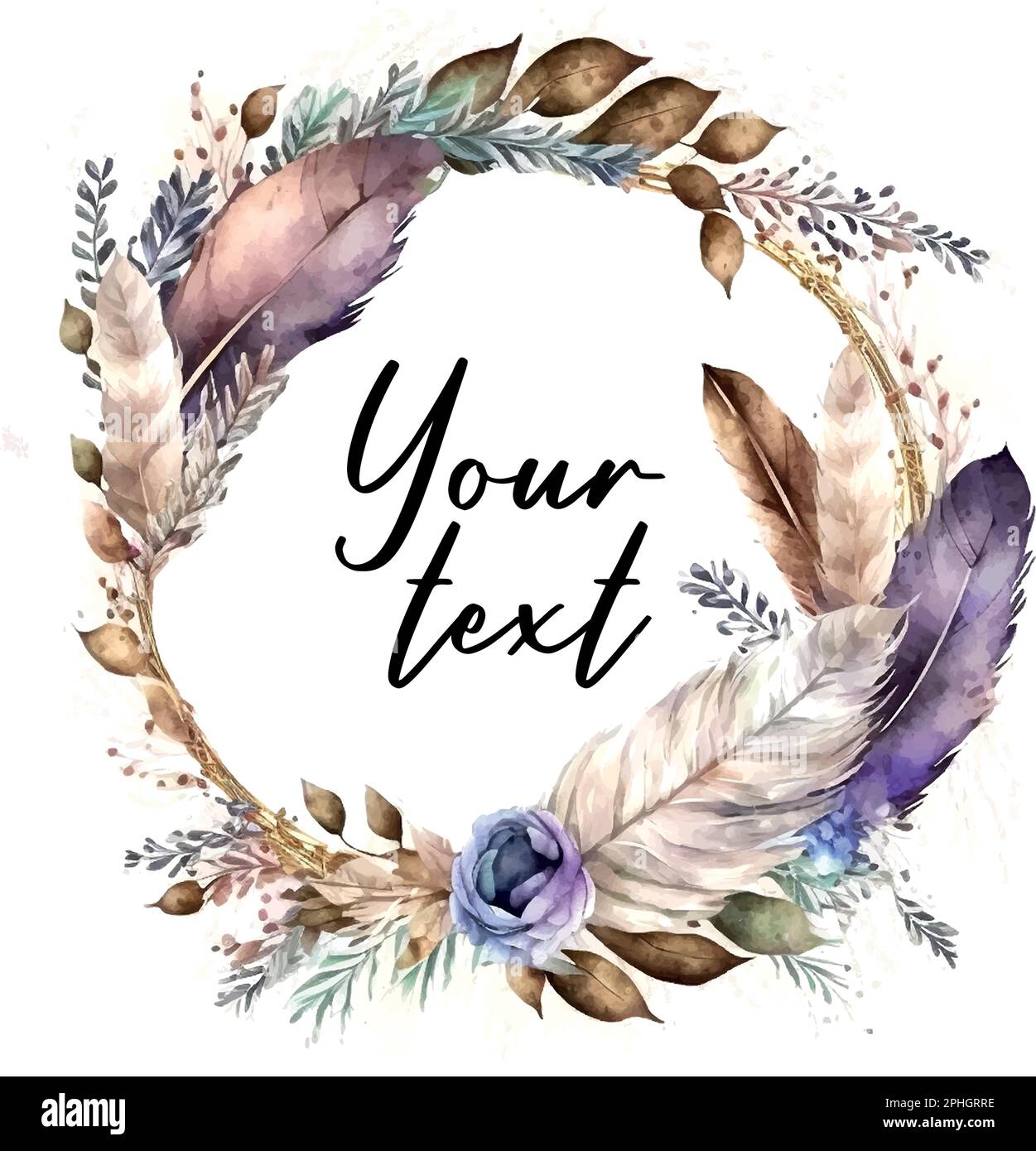 Feathers. Vintage wreath border in boho style. Watercolor vector Stock ...