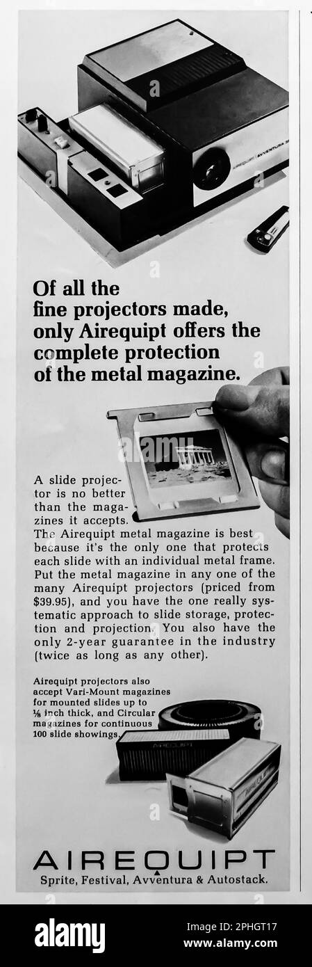 Airequipt slide projector advert in a Natgeo magazine, March 1966 Stock ...
