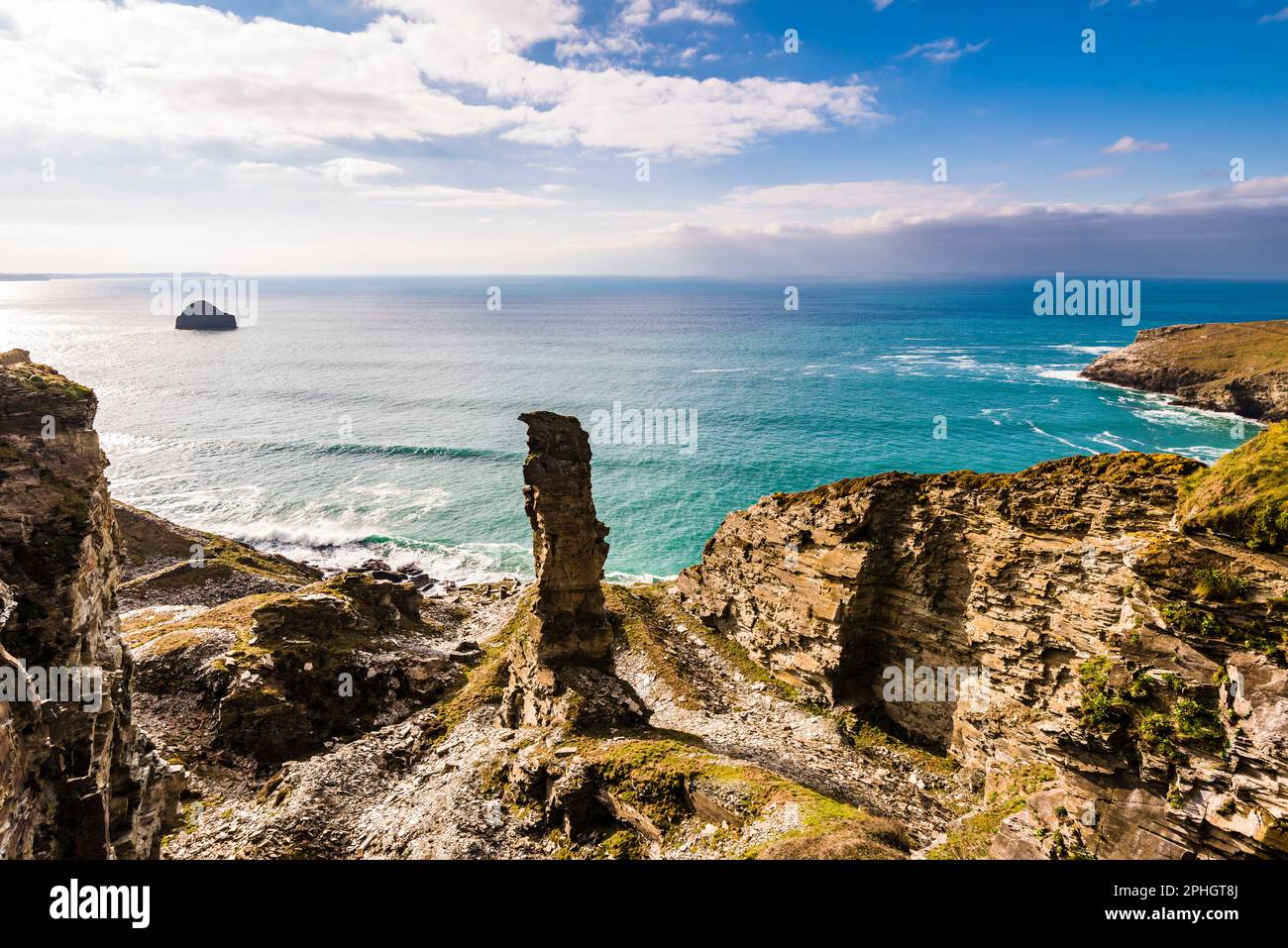 View over the rock stack at Lanterdan Quarry above Trebarwith Strand ...