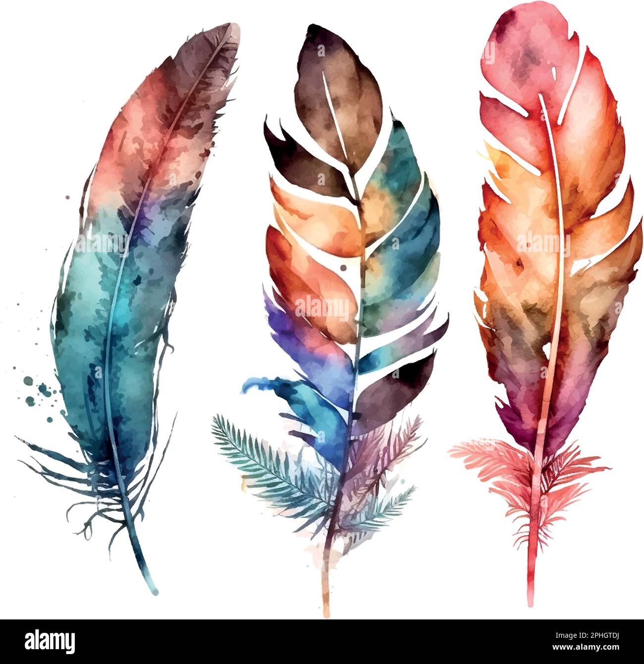 3 hand drawn boho watercolor feathers with ornaments on white ...