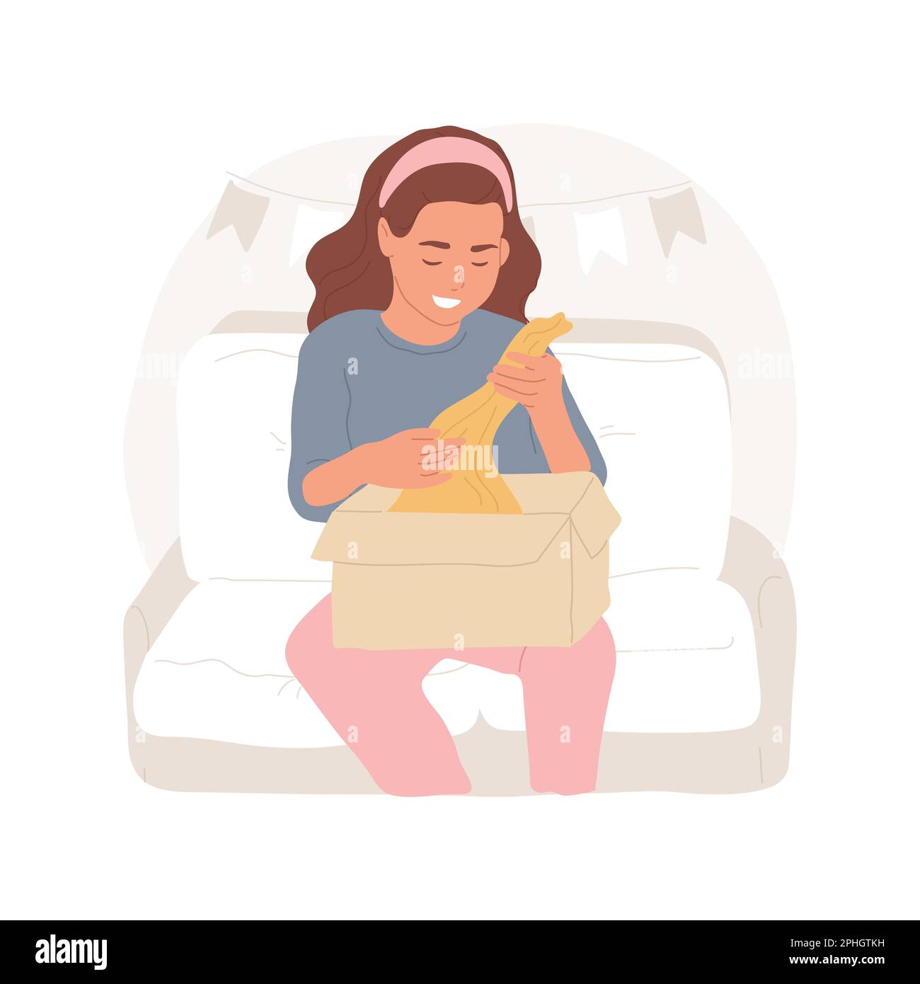 Unpacking parcel isolated cartoon vector illustration. Young happy girl ...