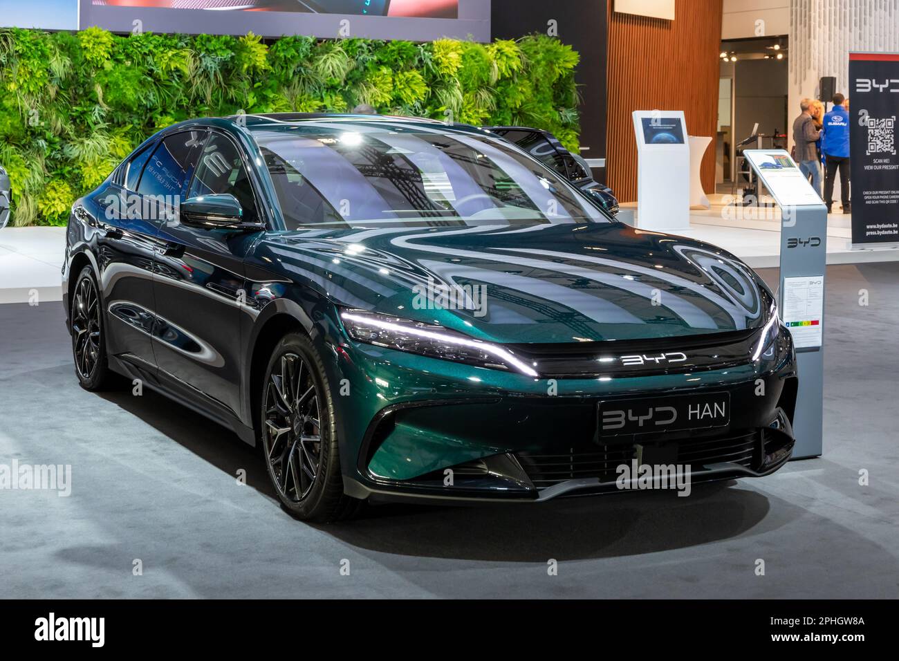 BYD Han electric sedan car showcased at the Brussels Autosalon European ...