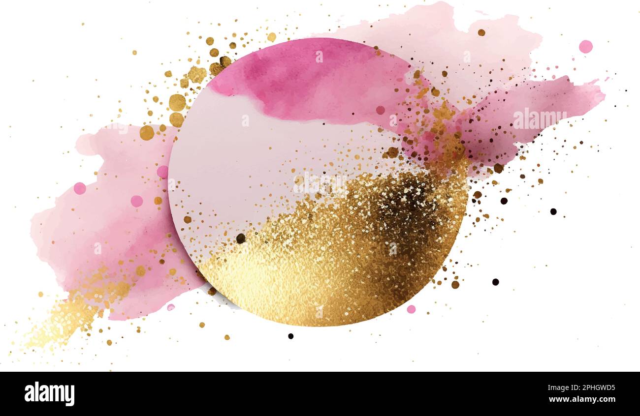 hand painted splash wet pink watercolor splash golden glitter Stock ...