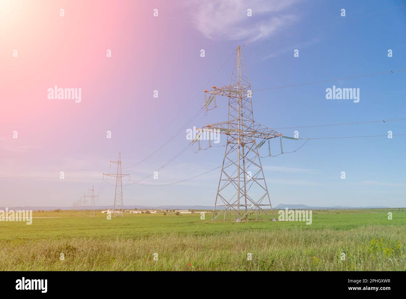 Power line support with wires for electricity transmission. Silhouette ...