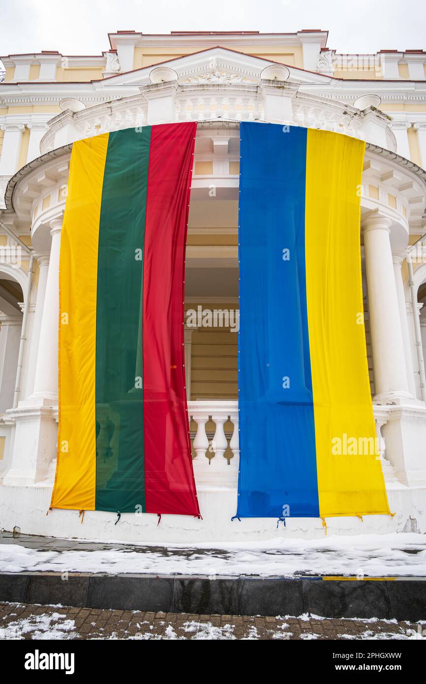 Ukraine and Lithuanian national flags on Ministry of National Defence ...