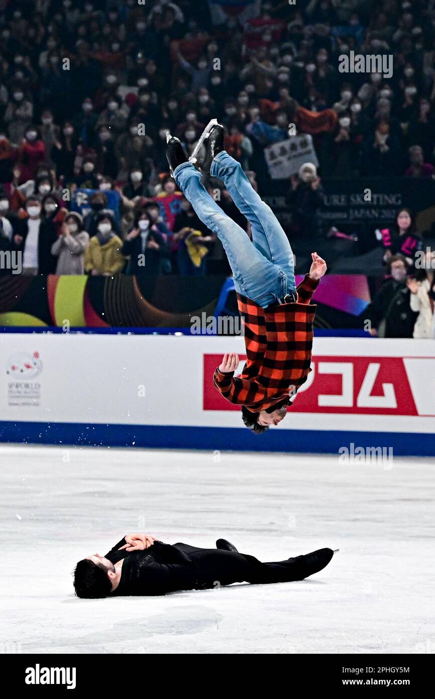 Keegan MESSING (CAN) doing a backflip over Maxime DESCHAMPS (CAN ...