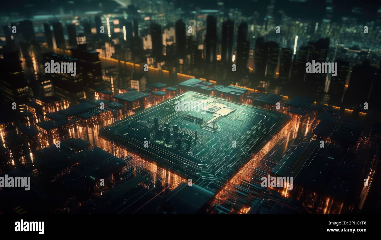 AERIAL. Network and Connection technology concept with a city at night ...