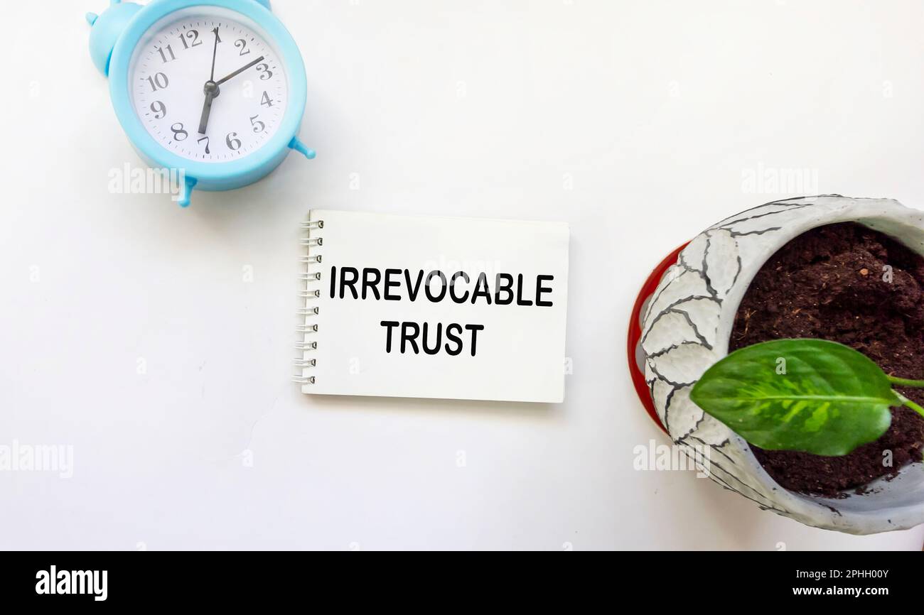 SAFE TRUST text on notepad with clock and flower on white background ...