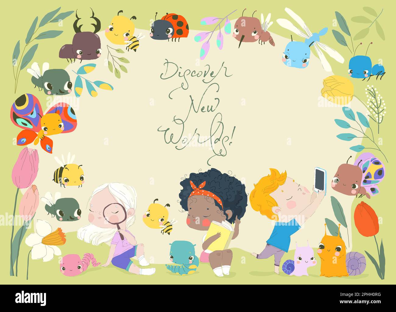 Cartoon Illustration of Happy Kids discovering Insects Stock Vector ...