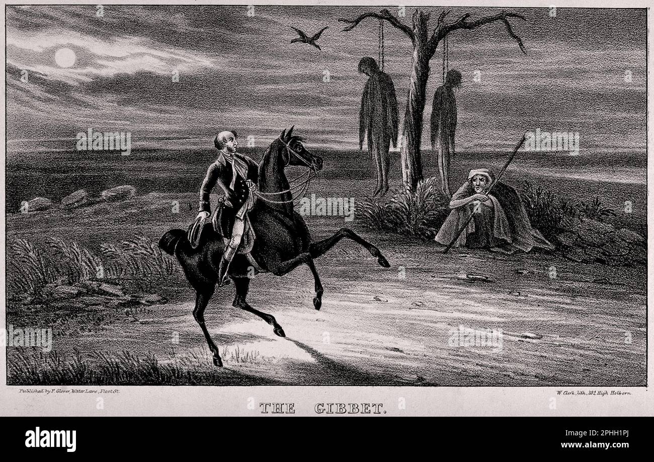Highwayman Dick Turpin arrives at a tree from which two people have ...