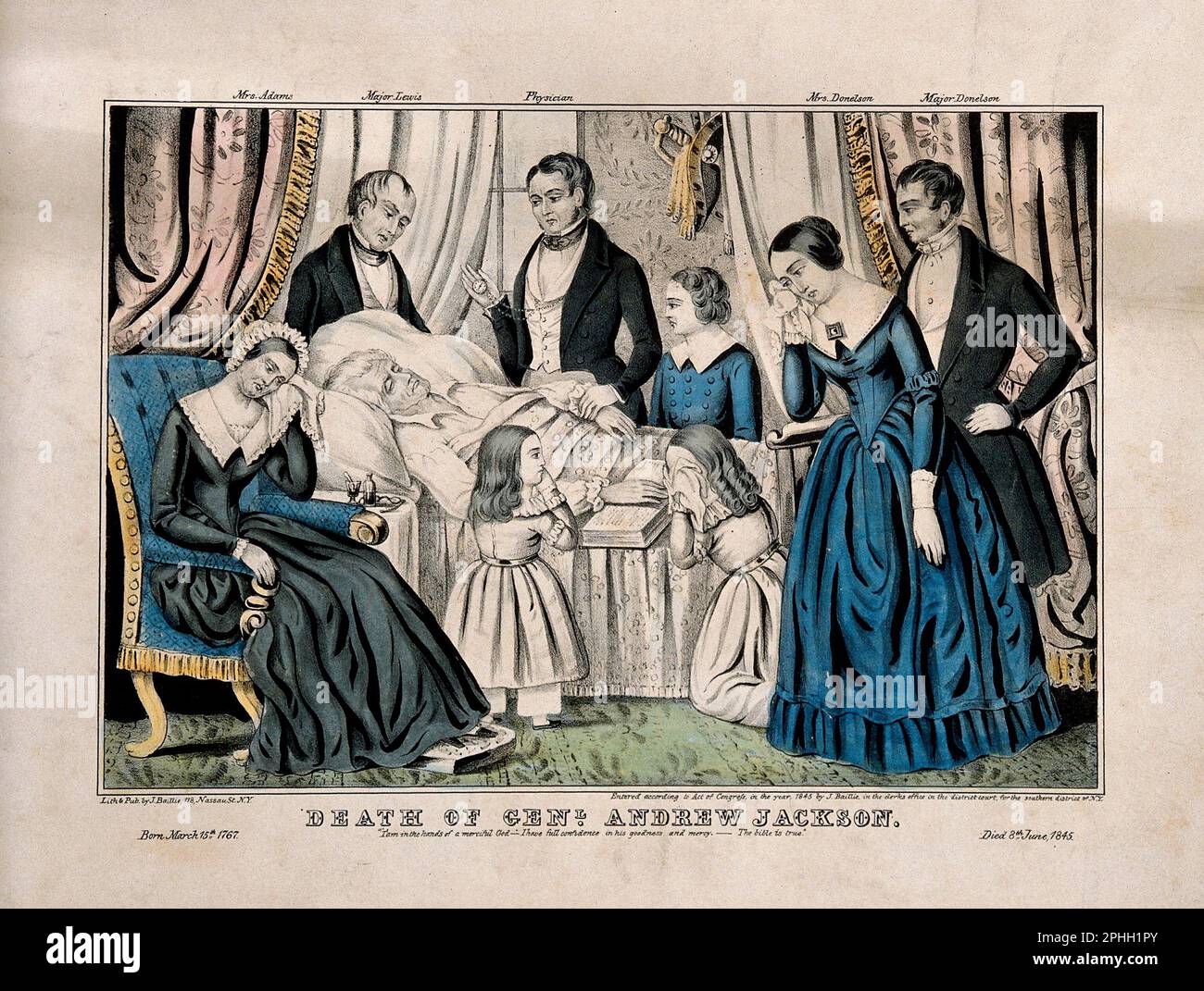The death of President Andrew Jackson, vintage colour lithograph 1845 ...