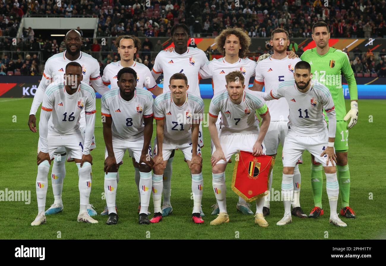 Koln, Germany. 28th Mar, 2023. L-R, Up, Belgium's Romelu Lukaku ...