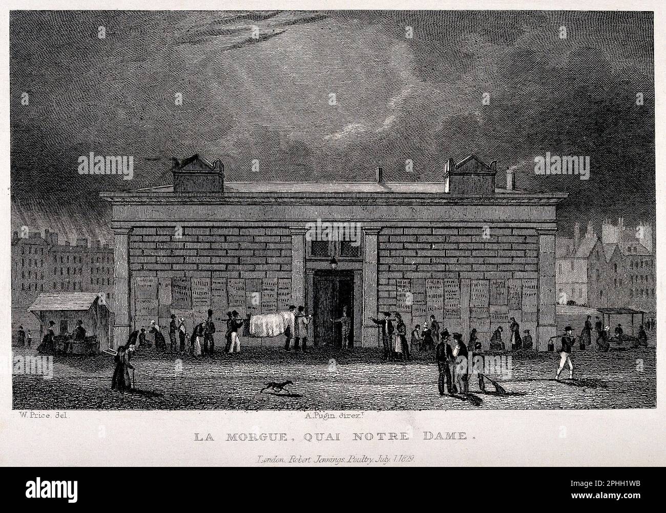 The Morgue at Notre Dame, Paris France, vintage etching from 1829 Stock ...