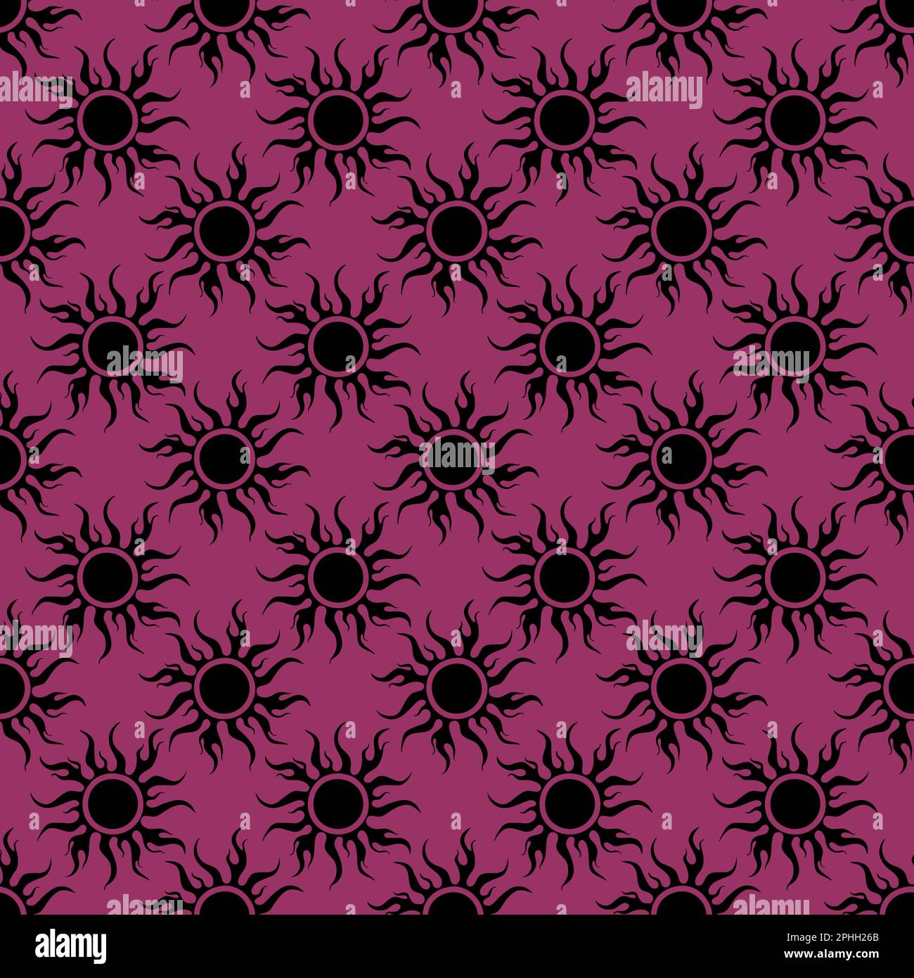 seamless symmetrical graphic pattern of black suns on purple background ...