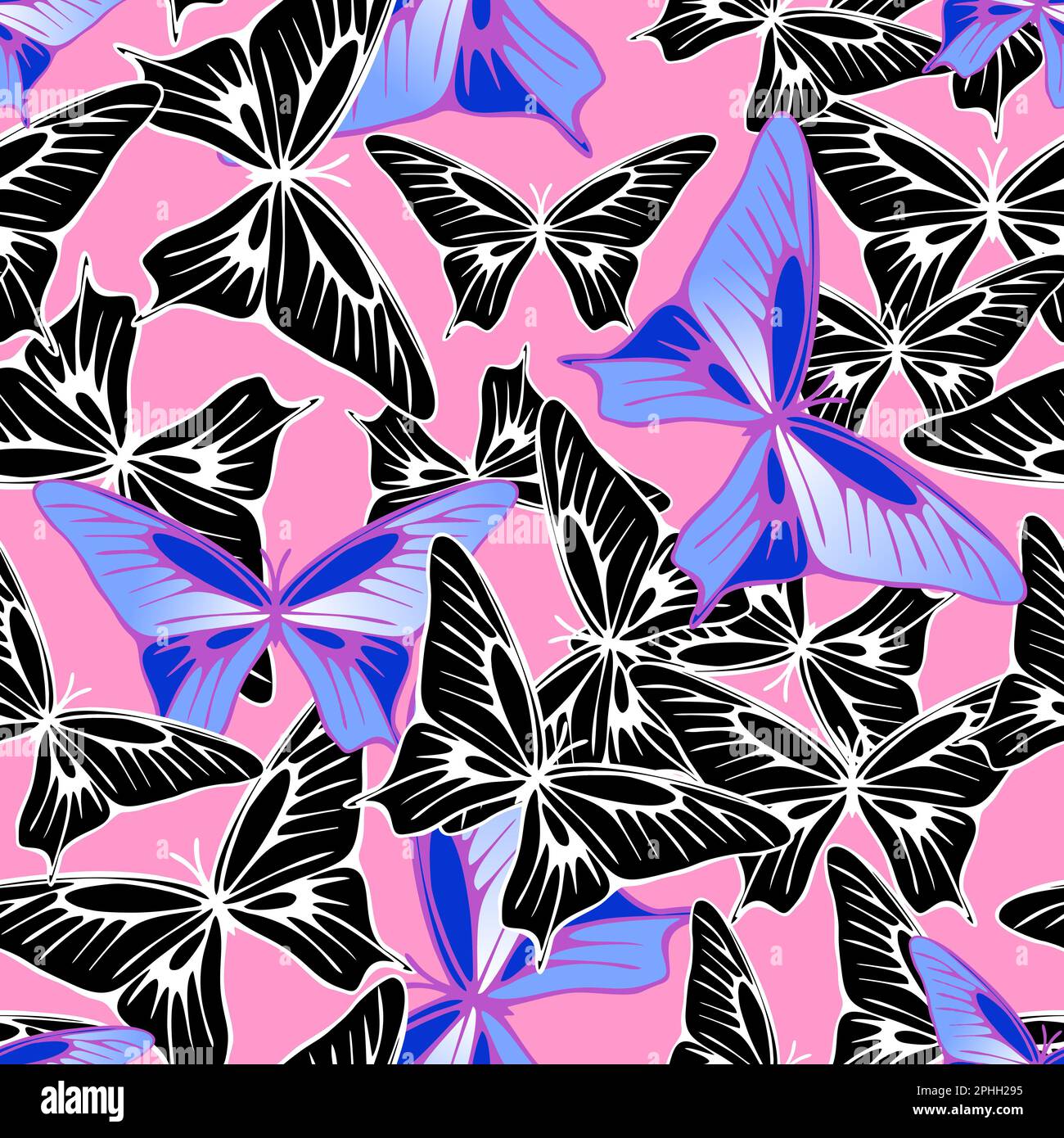 seamless pattern of blue-black butterflies on a pink background ...
