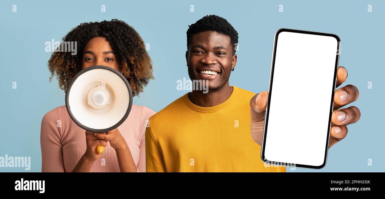 Nice Ad. Black Couple Making Announcement With Megaphone And Showing ...