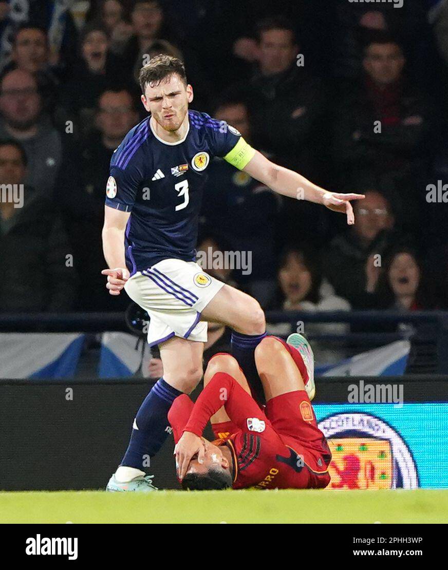 Scotland's Andrew Robertson fouls Spain's Pedro Porro during the UEFA ...