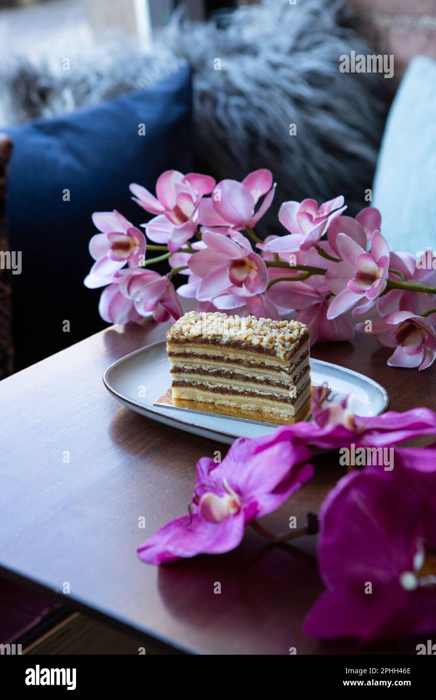 thousand layer cake with walnut. Milhojas pastry Stock Photo - Alamy