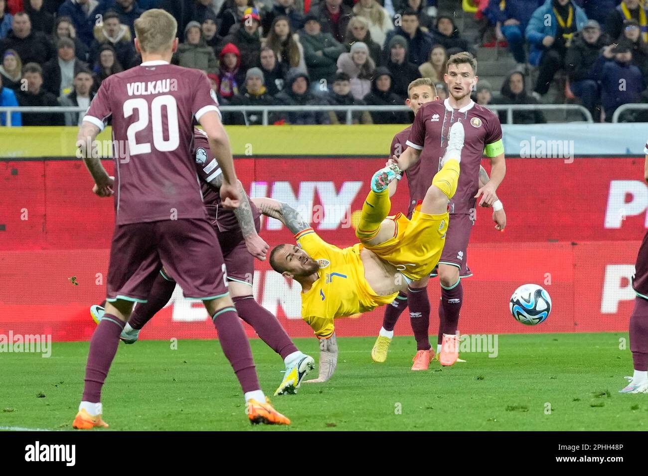 Romania's Denis Alibec attempts a bycicle kick during the Euro 2024 ...