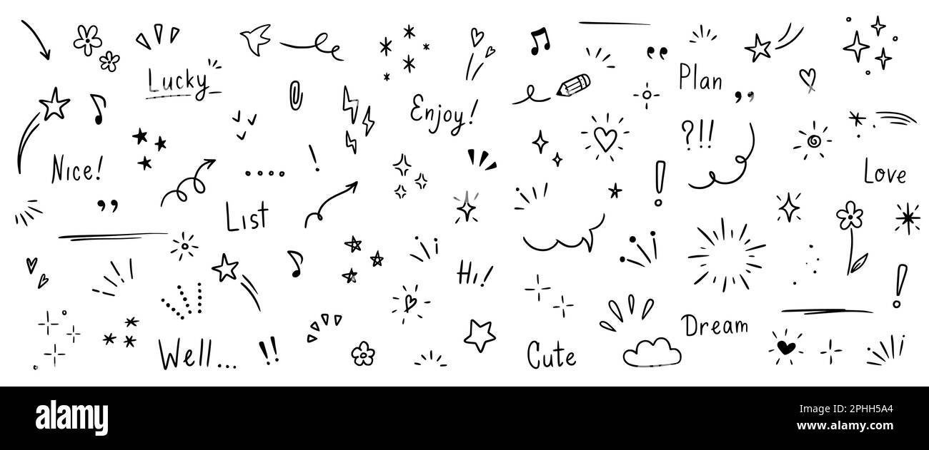Doodle cute glitter pen line elements. Doodle heart, arrow, star ...