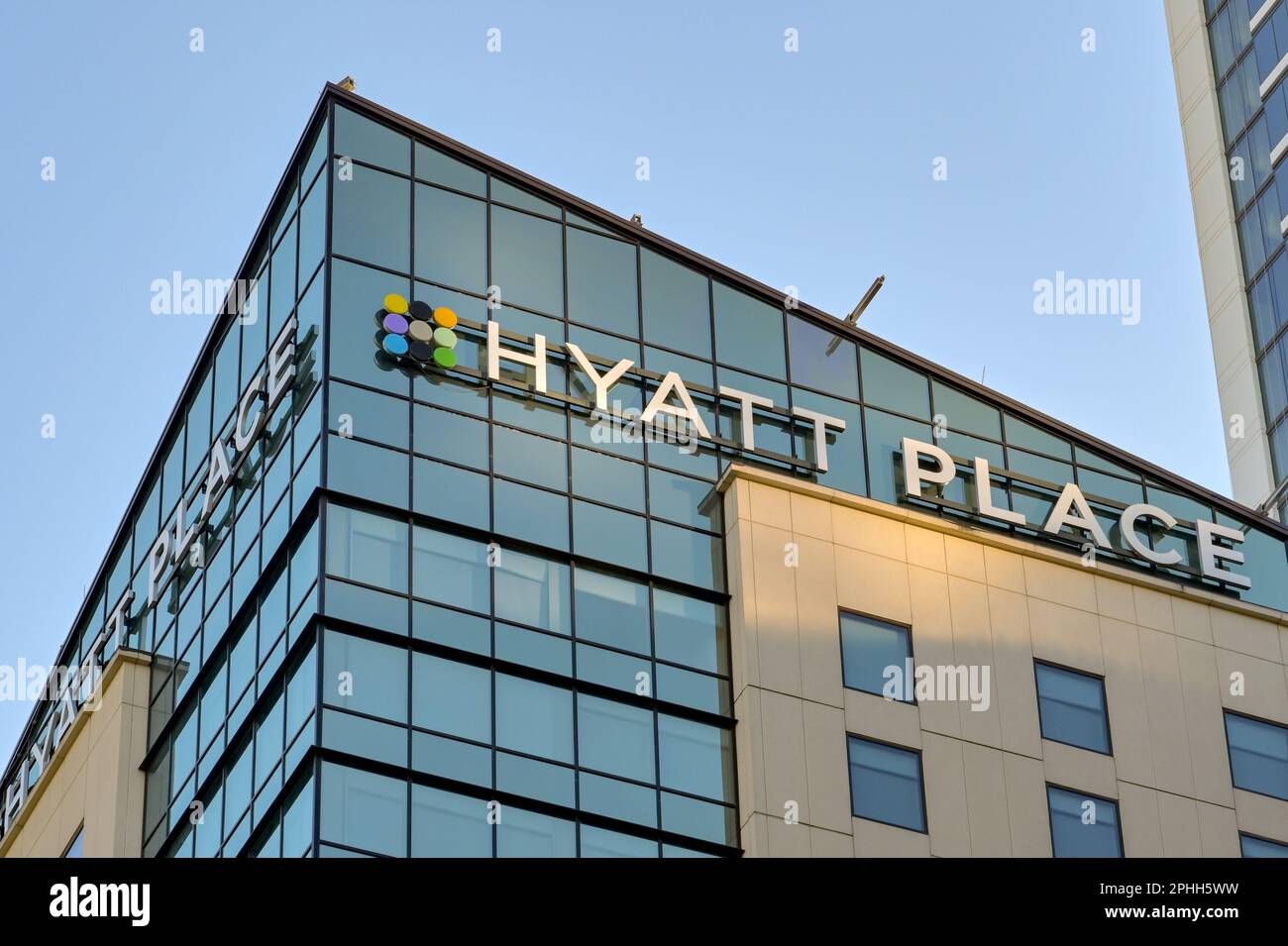 Austin, Texas, USA - February 2023: Sign on the top of the Hyatt Place ...