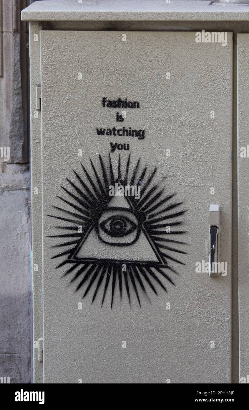 Graffiti on a cabinet in Barcelona, Spain. Orwellian take on "Fashion ...