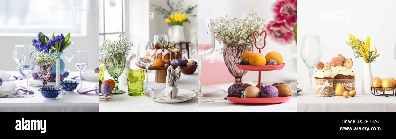 Set of beautiful table settings for Easter dinner in light rooms Stock ...