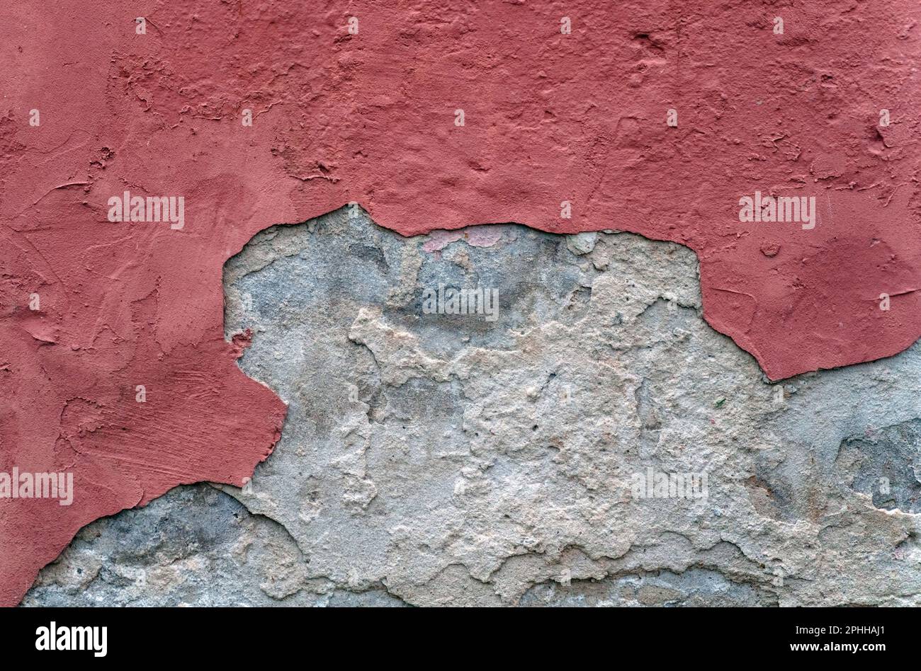 Texture of destroyed red plaster on a concrete wall. Background ...