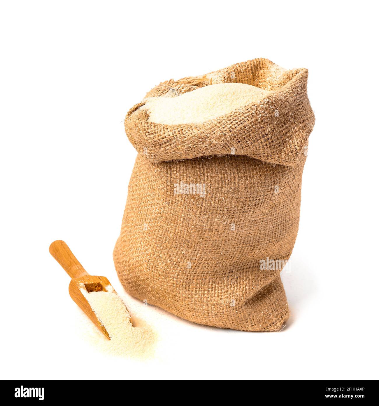 Sack bag with raw semolina on white background Stock Photo - Alamy