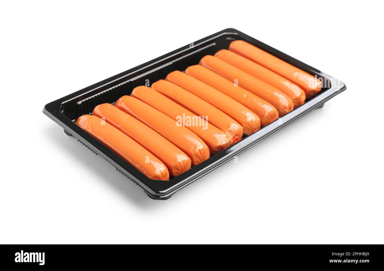 Packing box with tasty sausages on white background Stock Photo - Alamy