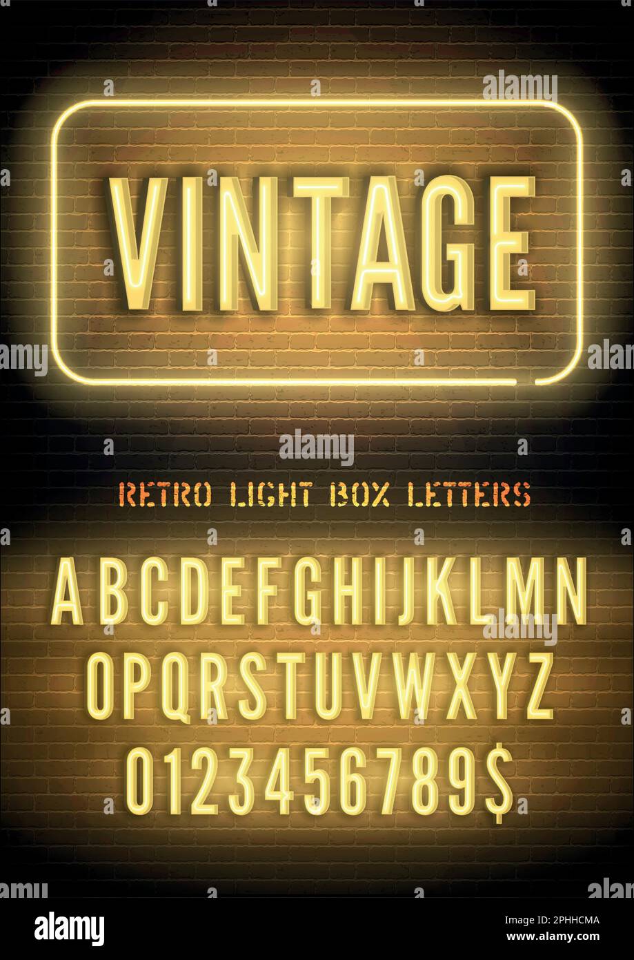 Vintage sign with yellow neon box narrow alphabet on dark brick wall ...