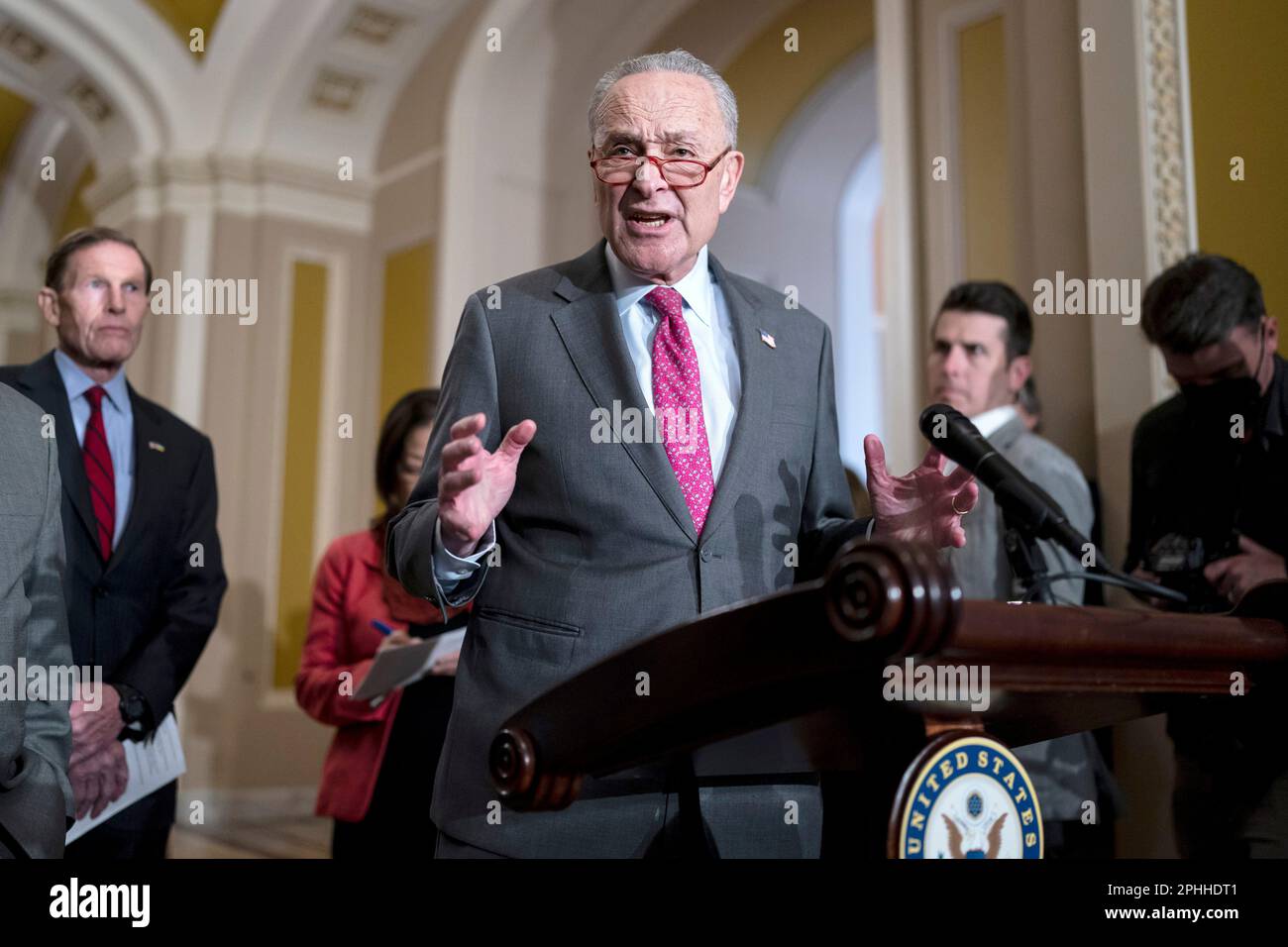 Senate Majority Leader Chuck Schumer, D-N.Y., speaks during a news ...