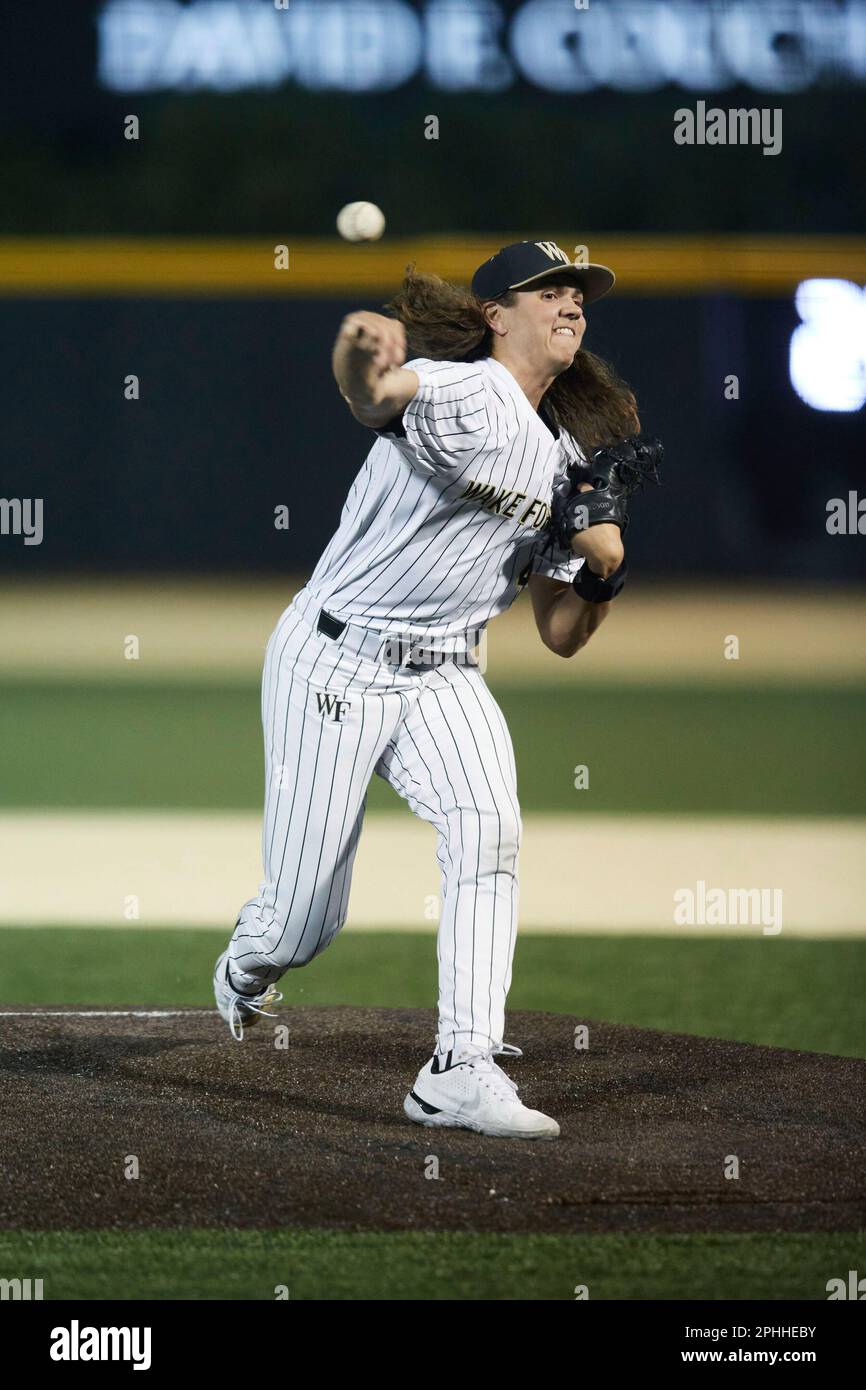 Wake Forest Demon Deacons starting pitcher Rhett Lowder (4) in action ...