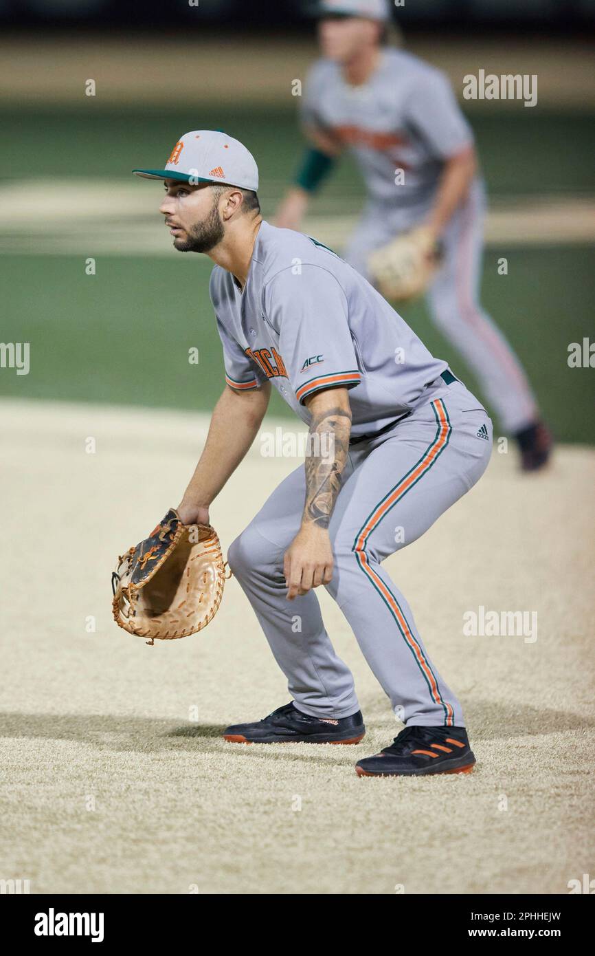Miami Hurricanes first baseman CJ Kayfus (2) on defense against the ...