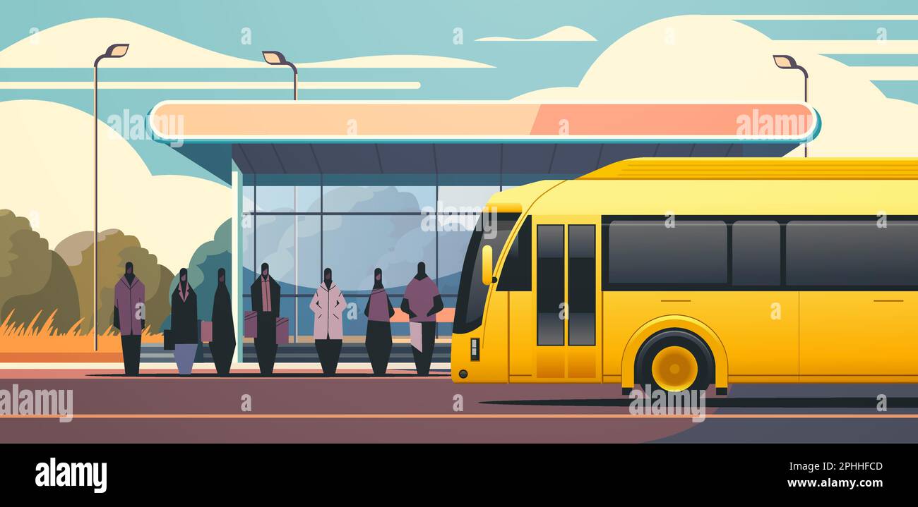 people at public transport bus station comfortable moving concept ...