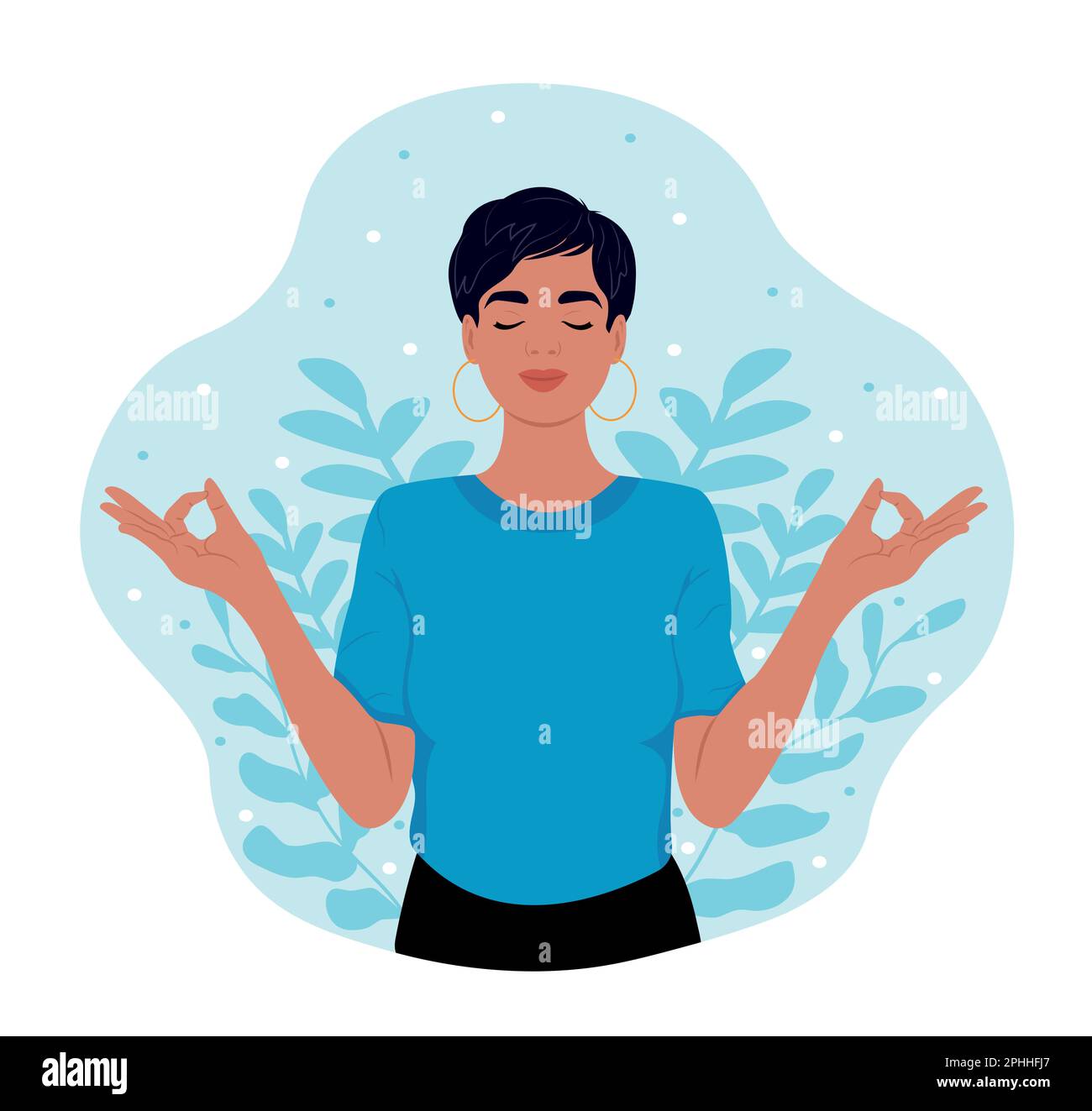A woman meditates in the fresh air, takes care of her mental well-being ...