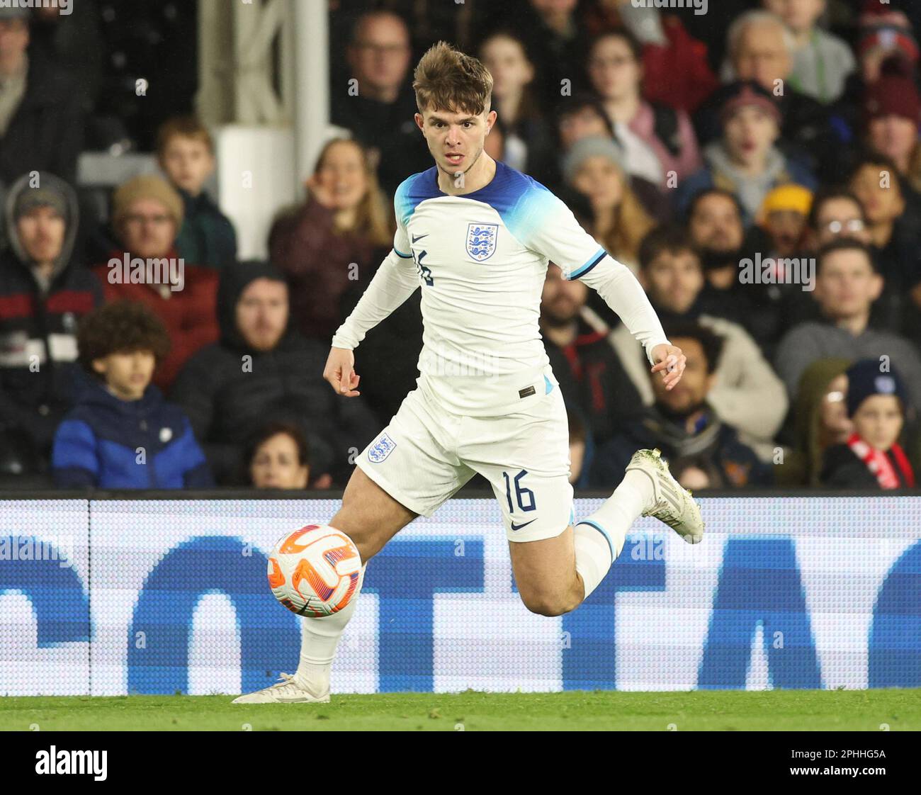London, UK. 28th Mar, 2023. James McAtee of England in action during ...