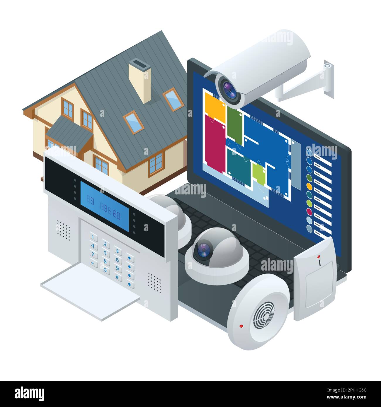 Isometric alarm system home. Home security. Security alarm keypad with person arming the system ...