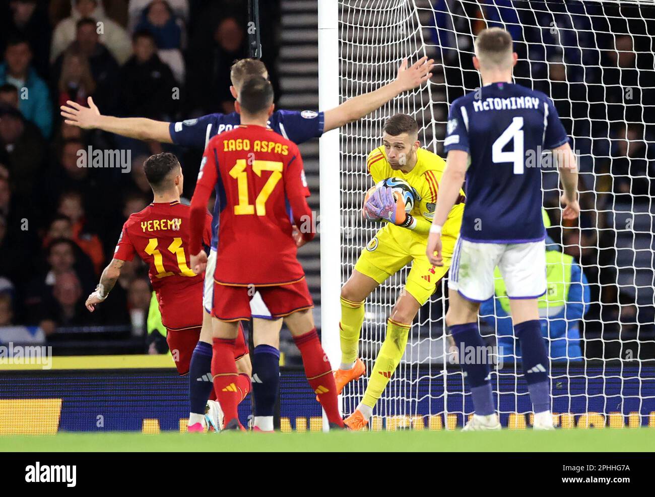 Scotland goalkeeper Angus Gunn saves a shot during the UEFA Euro 2024 ...