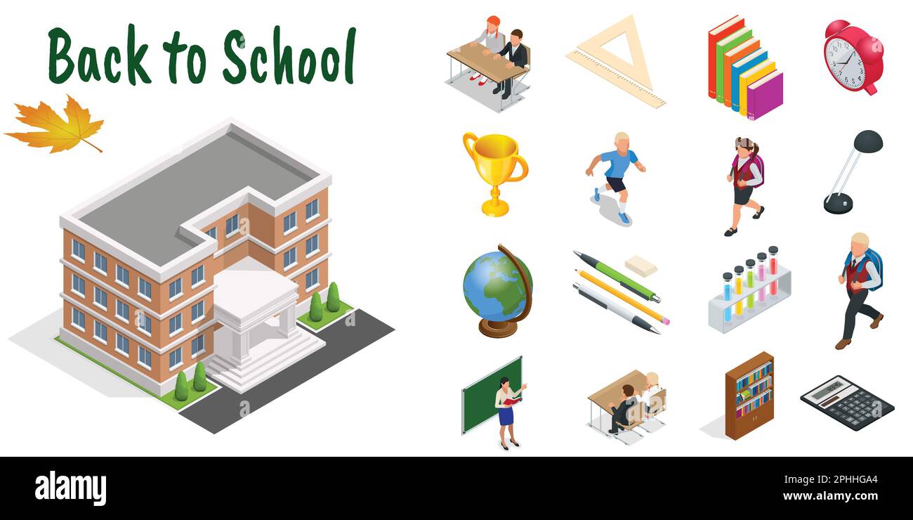 Isometric education icons set. Back to school, workplace, school kids ...