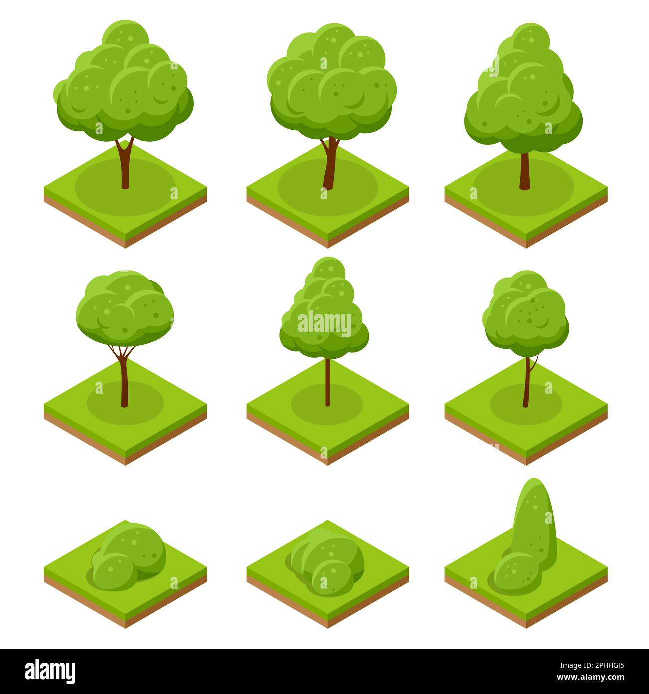 Isometric trees and bushes. Collection of trees isolated on white background. For infographics ...