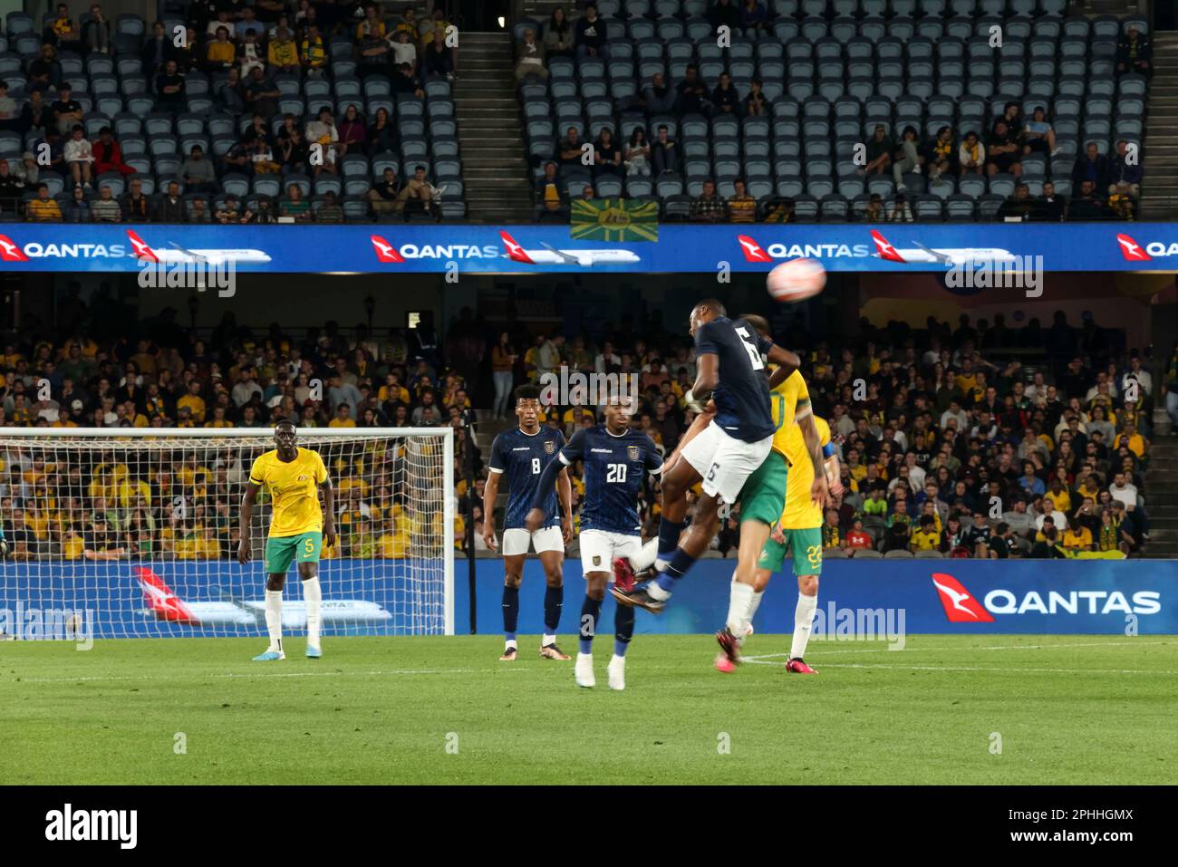 Melbourne, Australia. 28th Mar, 2023. William Pacho of Ecuador jumps ...